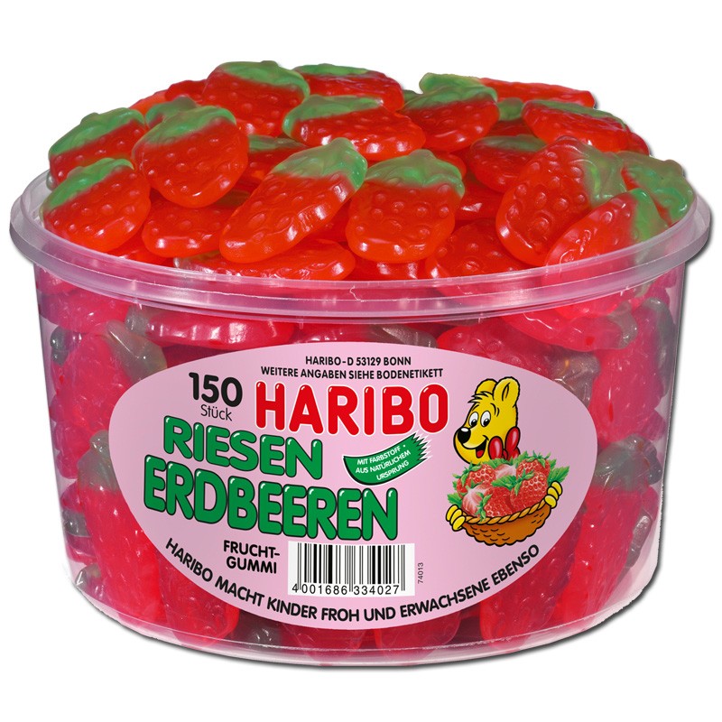 Haribo Riesen-Erdbeeren, Fruchtgummi, 150 Stück Fruchtgummi Dosen ...