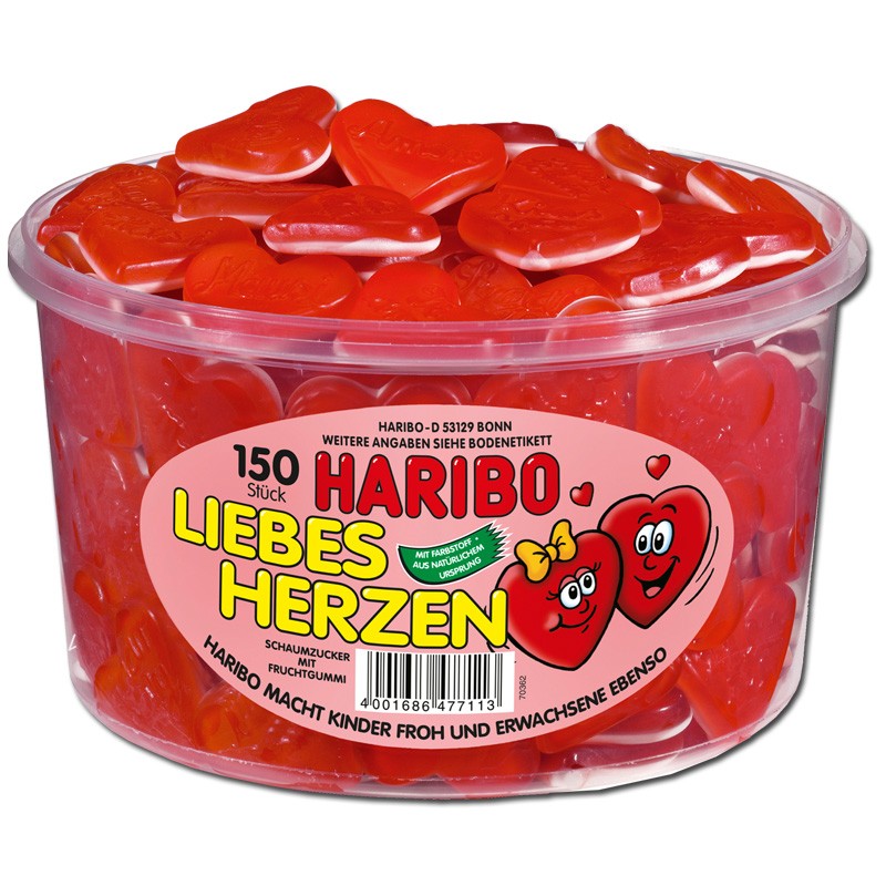 Haribo Liebesherzen, Fruchtgummi, 150 Stück Fruchtgummi Dosen Haribo ...