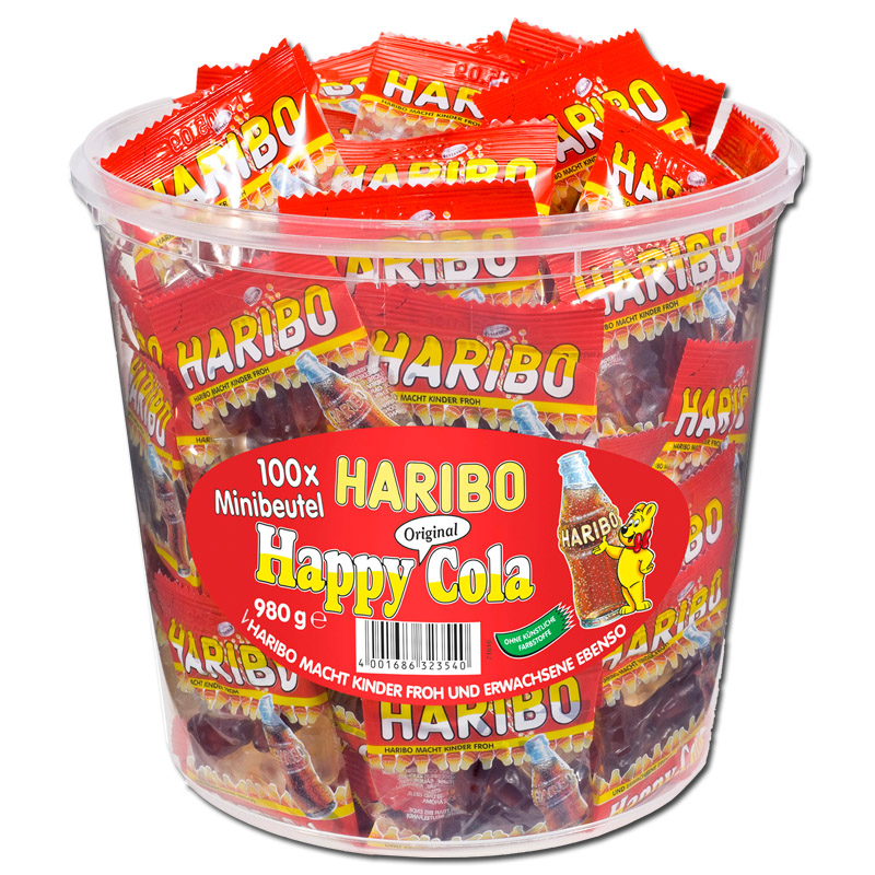 Haribo Happy-Cola Minibeutel kleine Colaflaschen 100 Btl Fruchtgummi ...